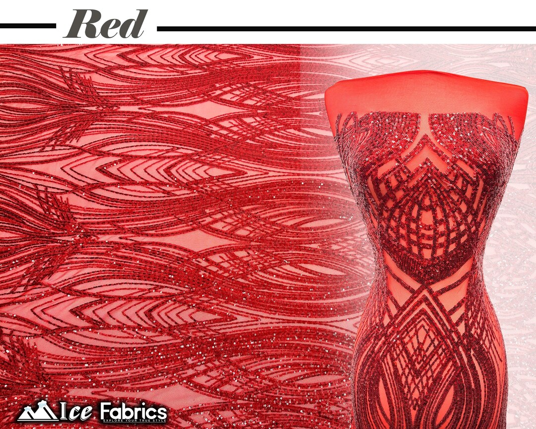 Peacock Red 4 Way Stretch Sequins Fabric by the Yard Red Mesh Nylon ...