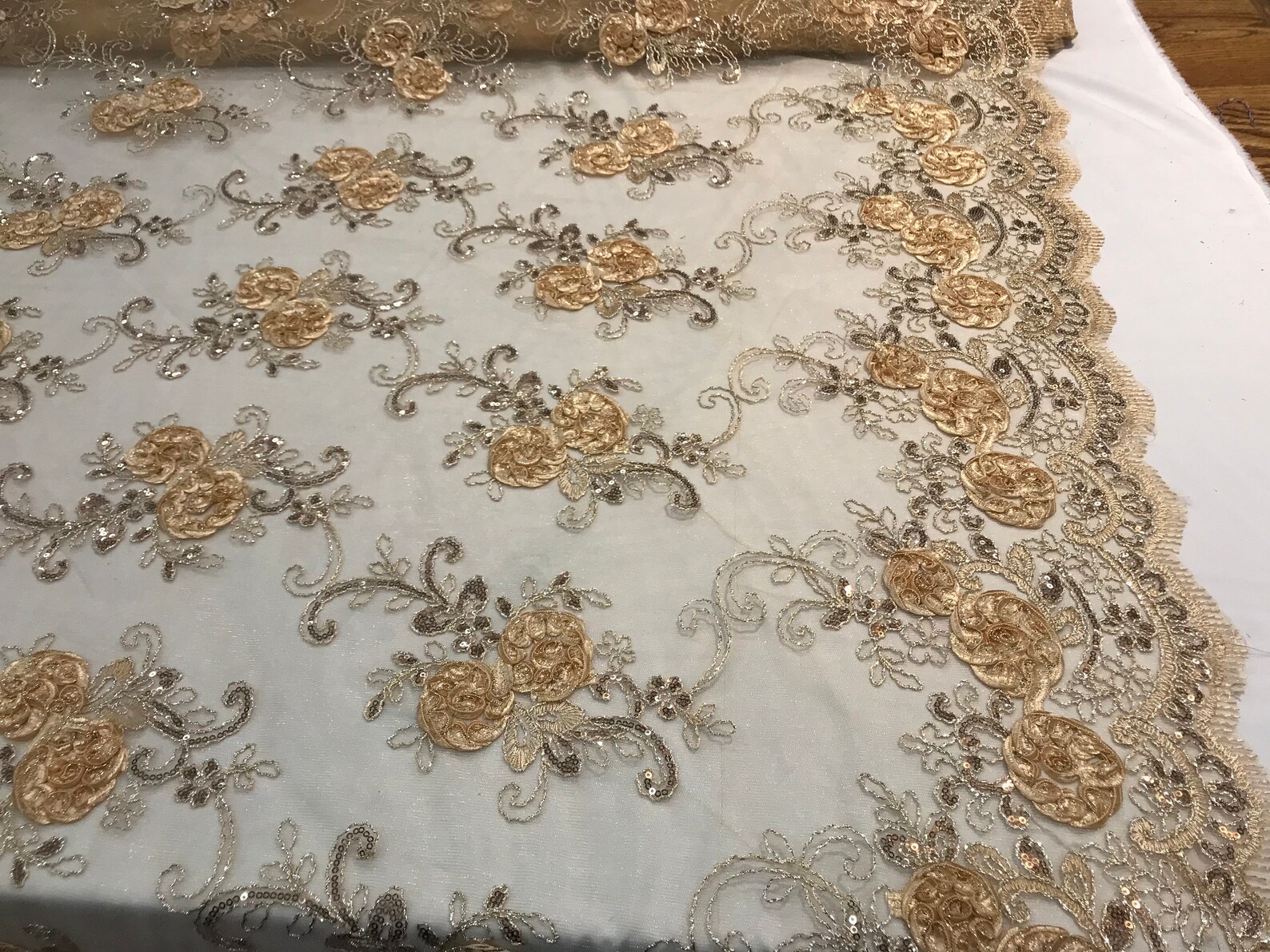 Champagne Embroidered Mesh Lace Flower Design With Sequins by the Yard ...