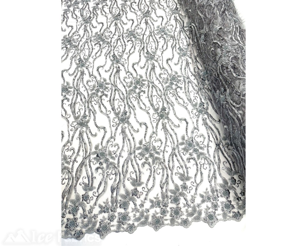 Silver Floral Beaded Fabric by the Yard | Lace Fabric Embroidery Sequin ...