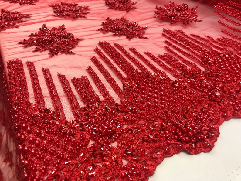 Red Design Beaded Mesh Lace Fabric Bridal Wedding Sold by Yard - Etsy
