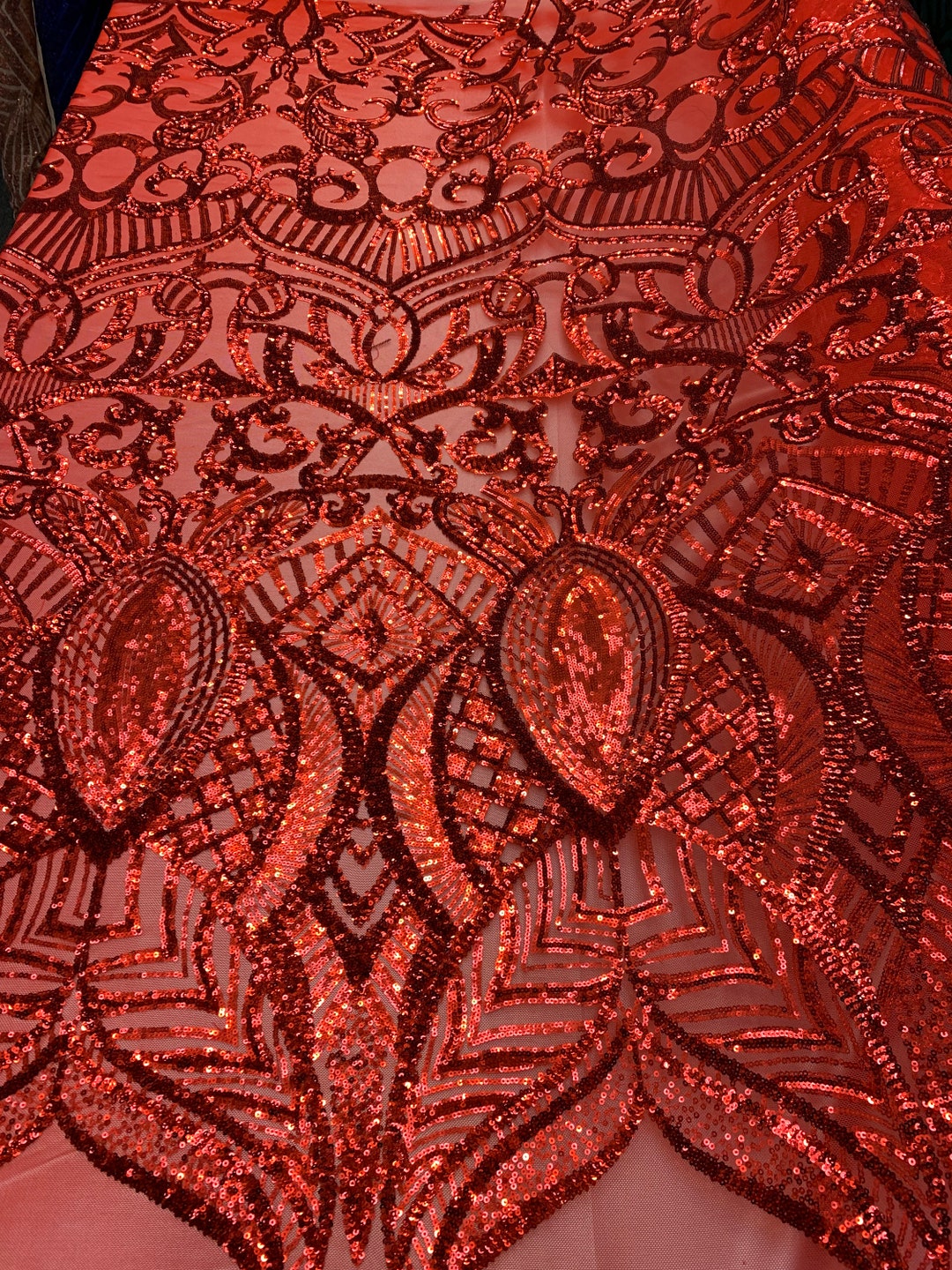 LONDON Design/ (red) Spandex Sequins 4 Way Stretch Geometric Mesh Lace ...