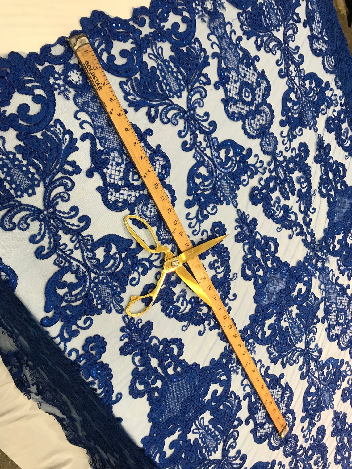 Royal Blue Design Embroidered Mesh Lace Fabric By the Yard For | Etsy