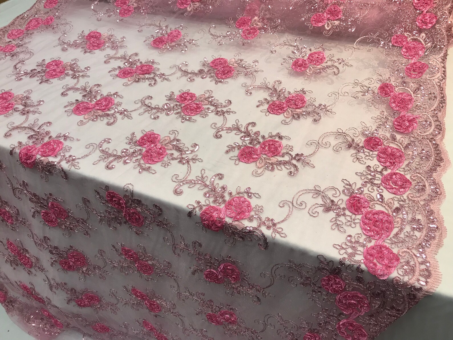 Pink Embroidered Mesh Lace Flower Design With Sequins by the - Etsy