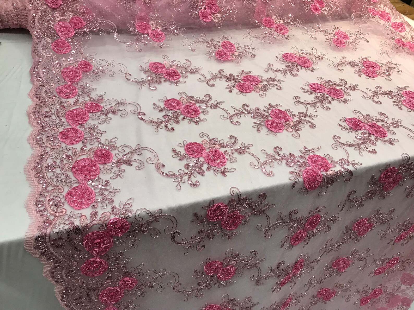 Pink Embroidered Mesh Lace Flower Design With Sequins by the - Etsy