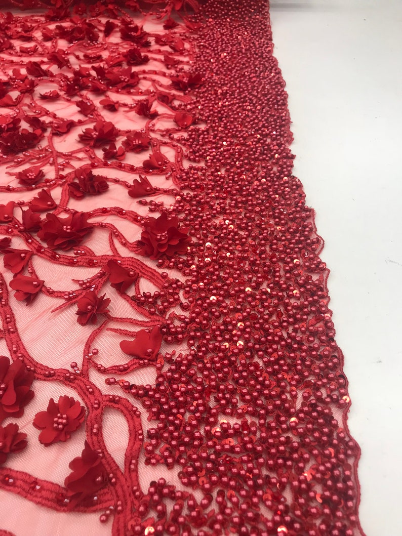 Red Design Beaded Mesh Lace Fabric Bridal Wedding Sold by Yard Clothing ...