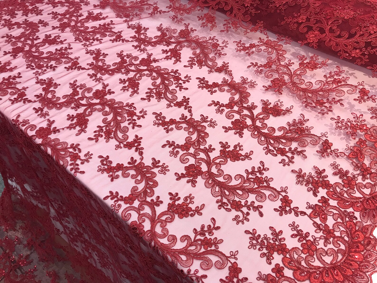 Burgundy Mesh Lace Floral Fabric by the Yard_ Embroidery | Etsy