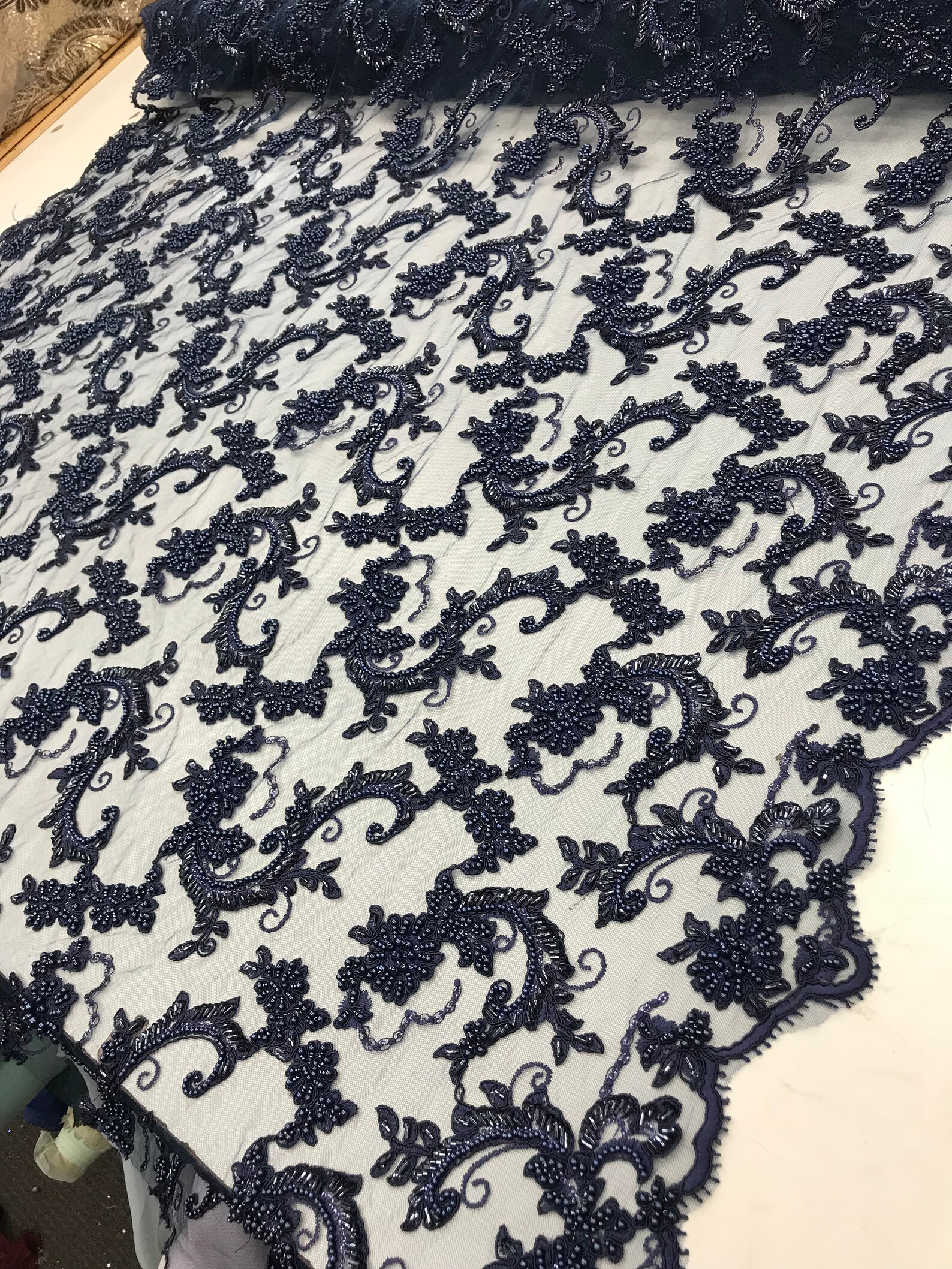 Navy Blue Design Beaded Mesh Lace Fabric Bridal Wedding Sold | Etsy