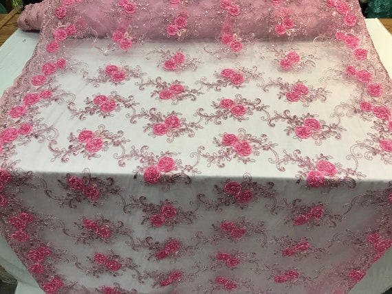 Pink Embroidered Mesh Lace Flower Design With Sequins by the | Etsy