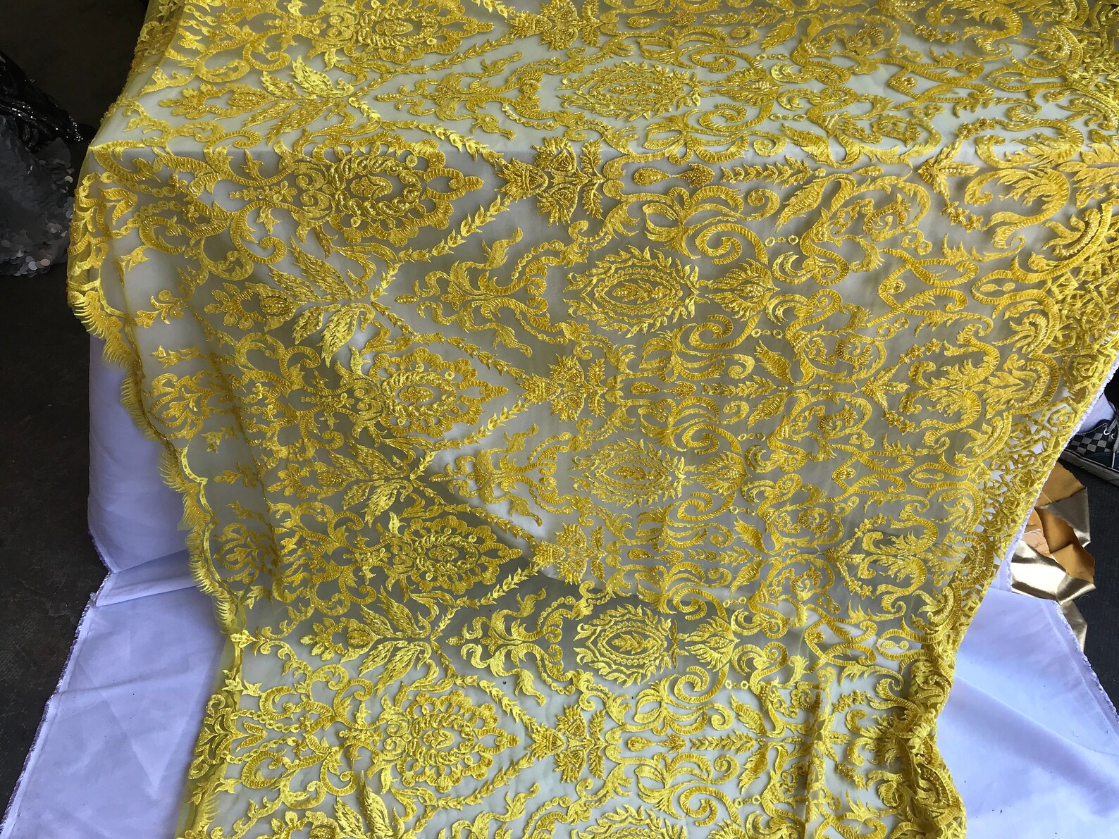Yellow Design Beaded Mesh Lace Fabric Bridal Wedding Sold by Yard ...