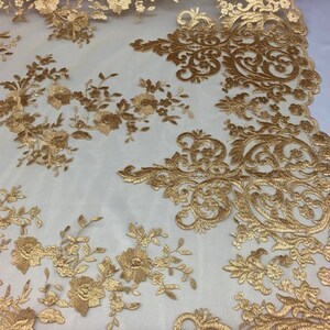 Gold Decor Floral Flower Mesh Lace Embroidery Design Fabric by the Yard ...