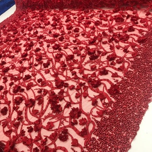 Red Design Beaded Mesh Lace Fabric Bridal Wedding Sold by Yard Clothing ...