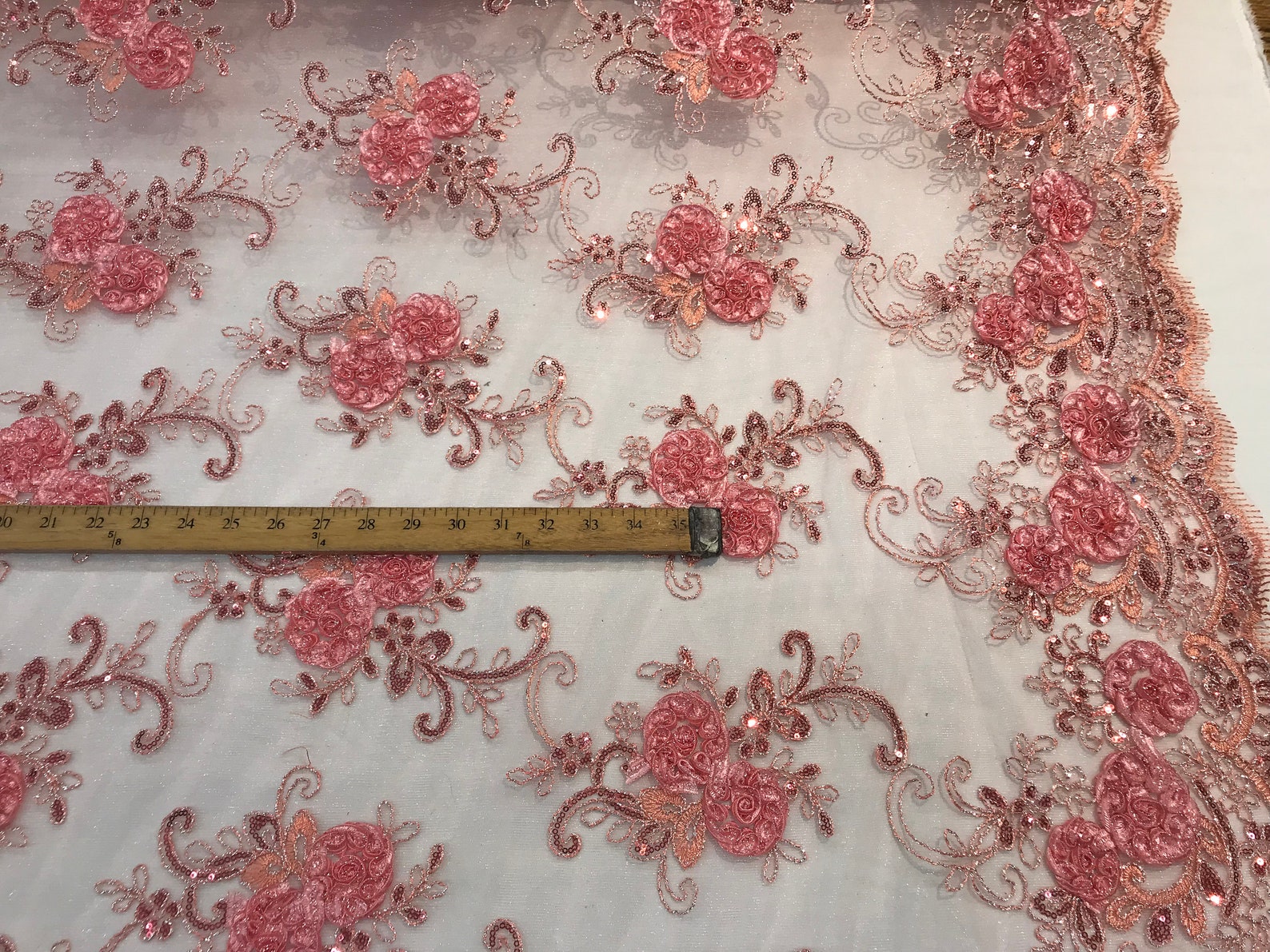 Coral Embroidered Mesh Lace Flower Design With Sequins by the - Etsy