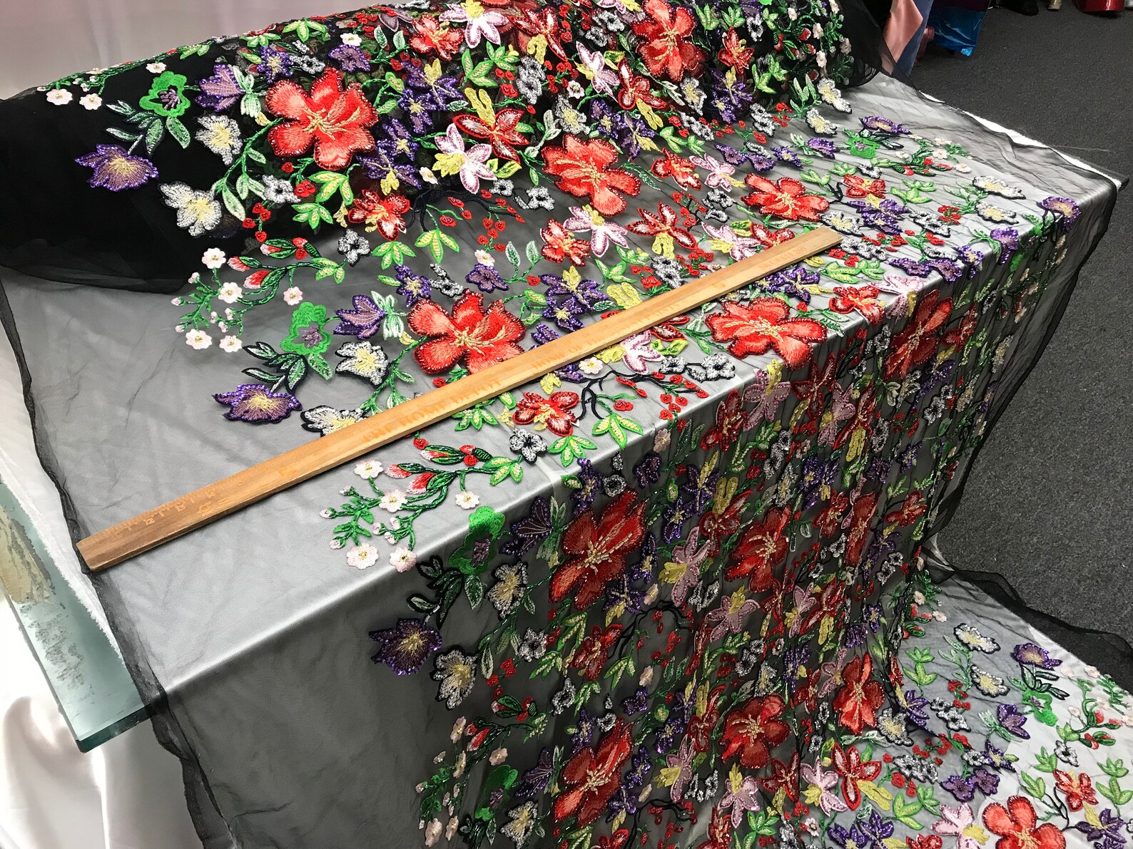 Multi Color Beaded Mesh Lace Fabric Embroidery Flowers Lace Fabric Sold ...