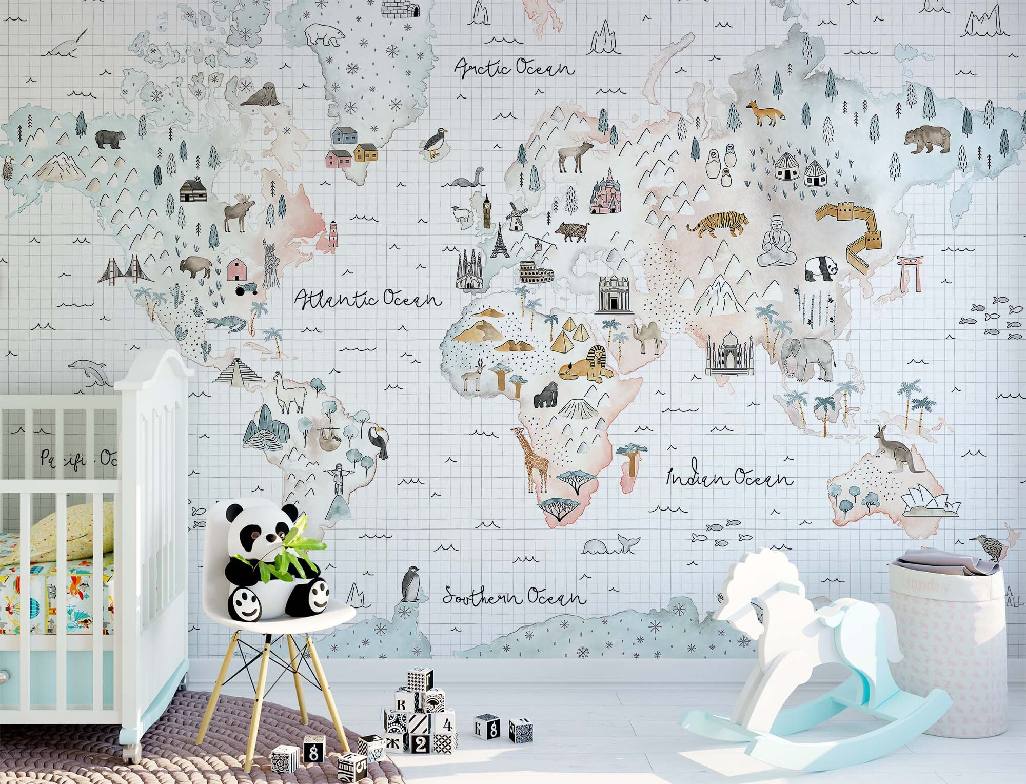Hand Painted World Map With Jungle Animals Removable Wallpaper Colorful ...
