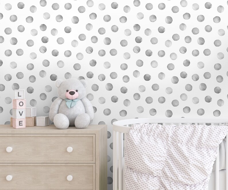 Watercolor Polka Dots Wallpaper Nursery Wall Decor Peel and Stick Gray ...