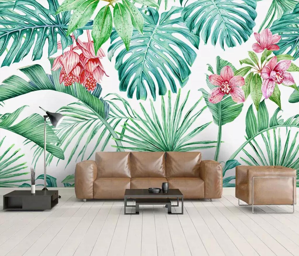 Hand Painted Tropical Botanic Wallpaper Removable Fabric Wall | Etsy