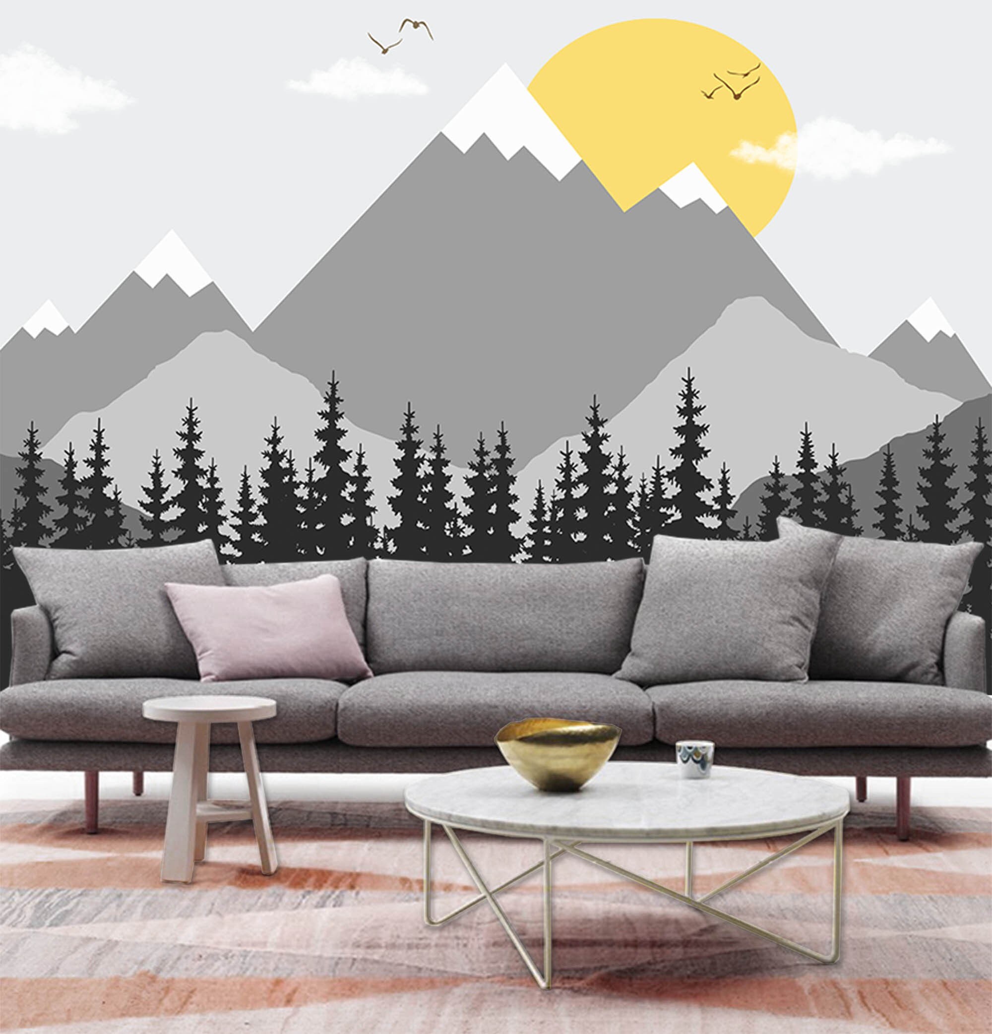 Greyish Mountains and Pine Trees Wallpaper,mountain Scenery Nursery ...