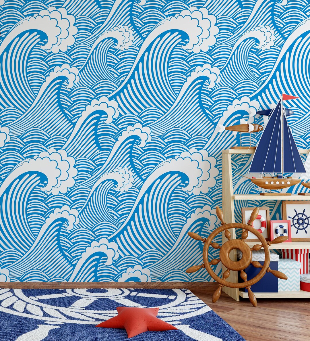 Great Wave Wallpaper Mural Sea Waves Nursery Decor Peel and Stick Surge ...