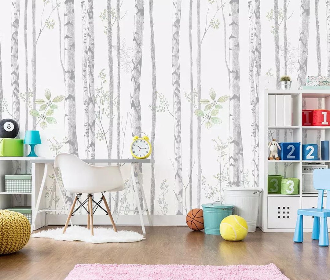 Birch Tree Wallpaper Removable Wall Mural Gray Birch Bedroom Wall Decor ...