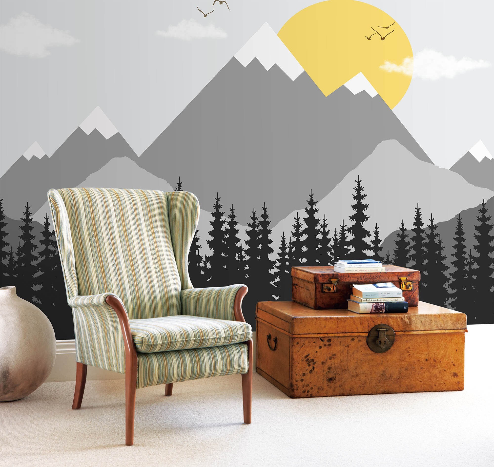 Greyish Mountains and Pine Trees Wallpaper,mountain Scenery Nursery ...