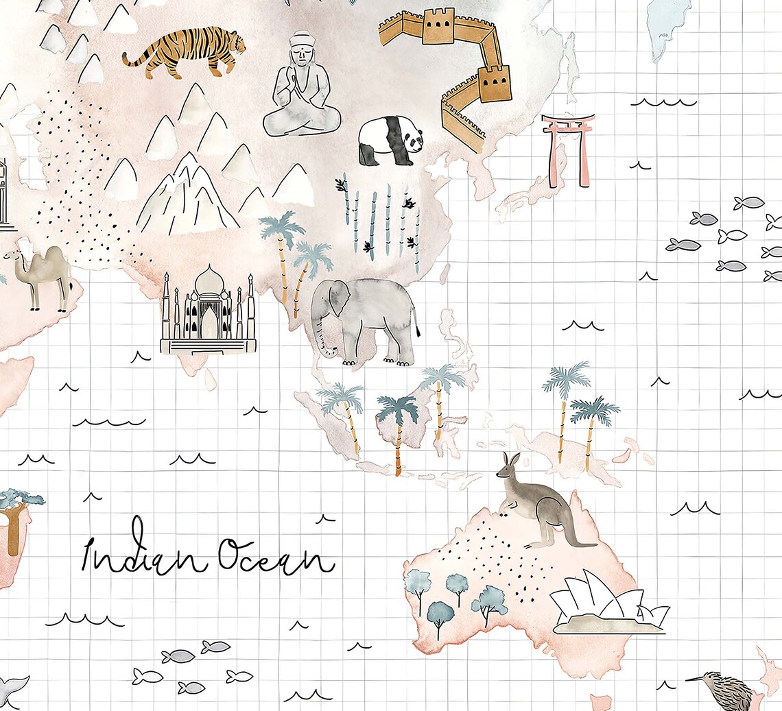 Hand Painted World Map With Jungle Animals Removable Wallpaper - Etsy