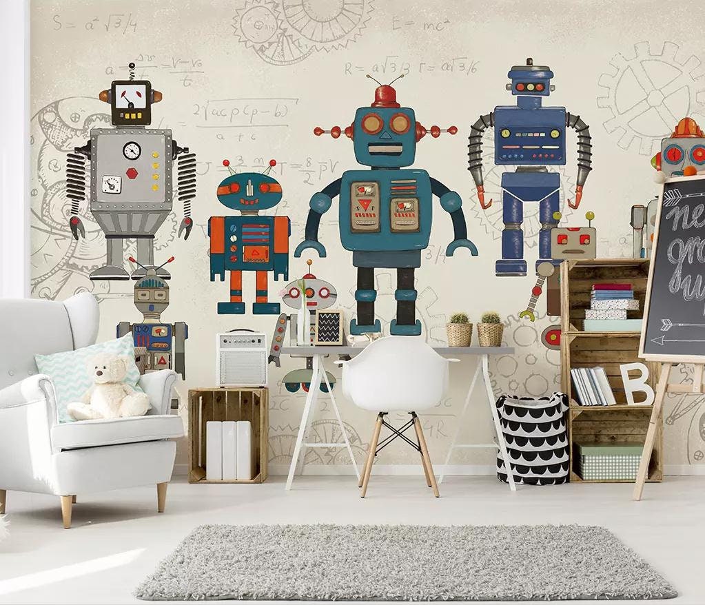 Robot With Formula Backgound Kids Wallpaper Boys Bedroom Wall - Etsy