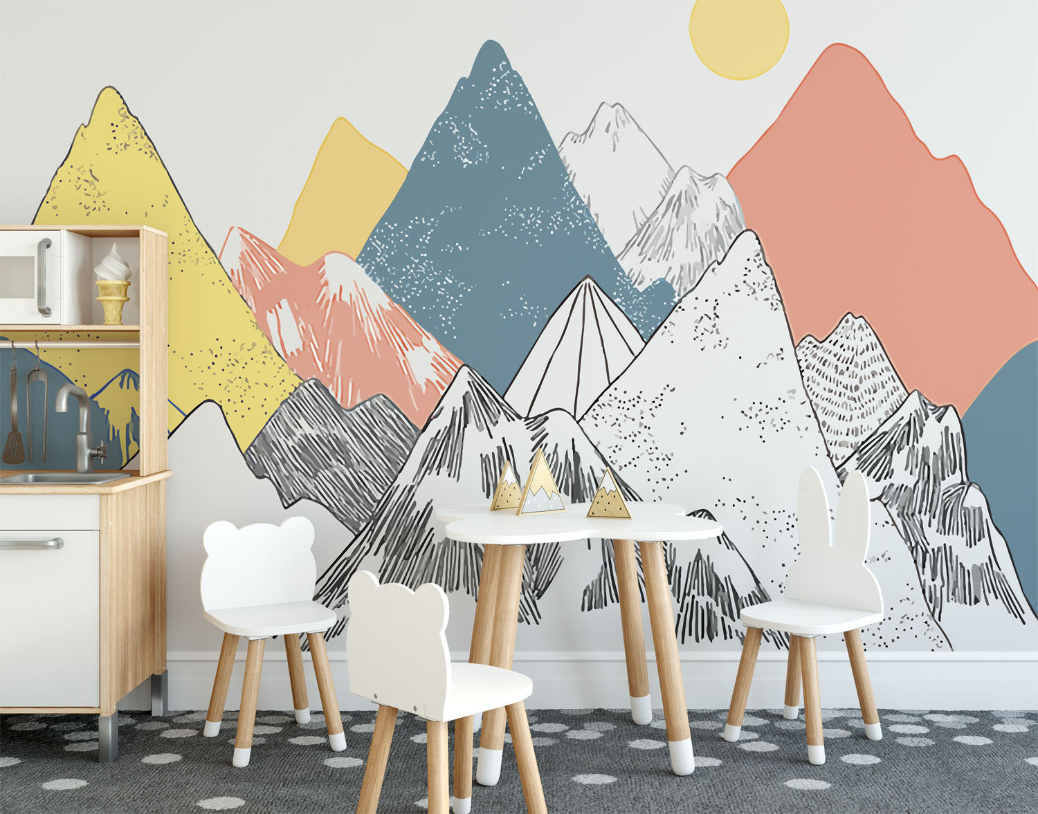 Hand Painted Mountain With Yellow Sun Kids Bedroom Mural - Etsy