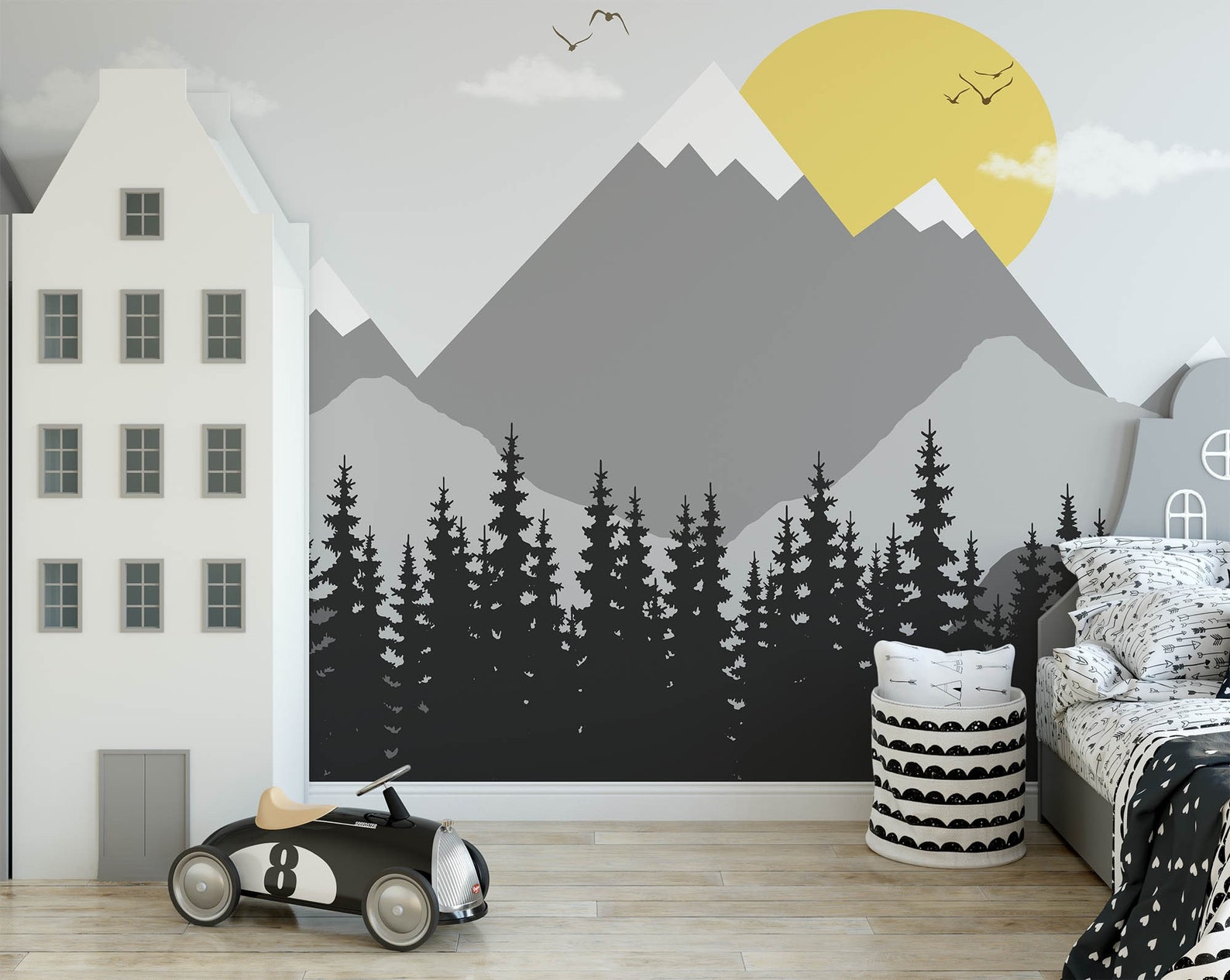 Greyish Mountains and Pine Trees Wallpaper,mountain Scenery Nursery ...