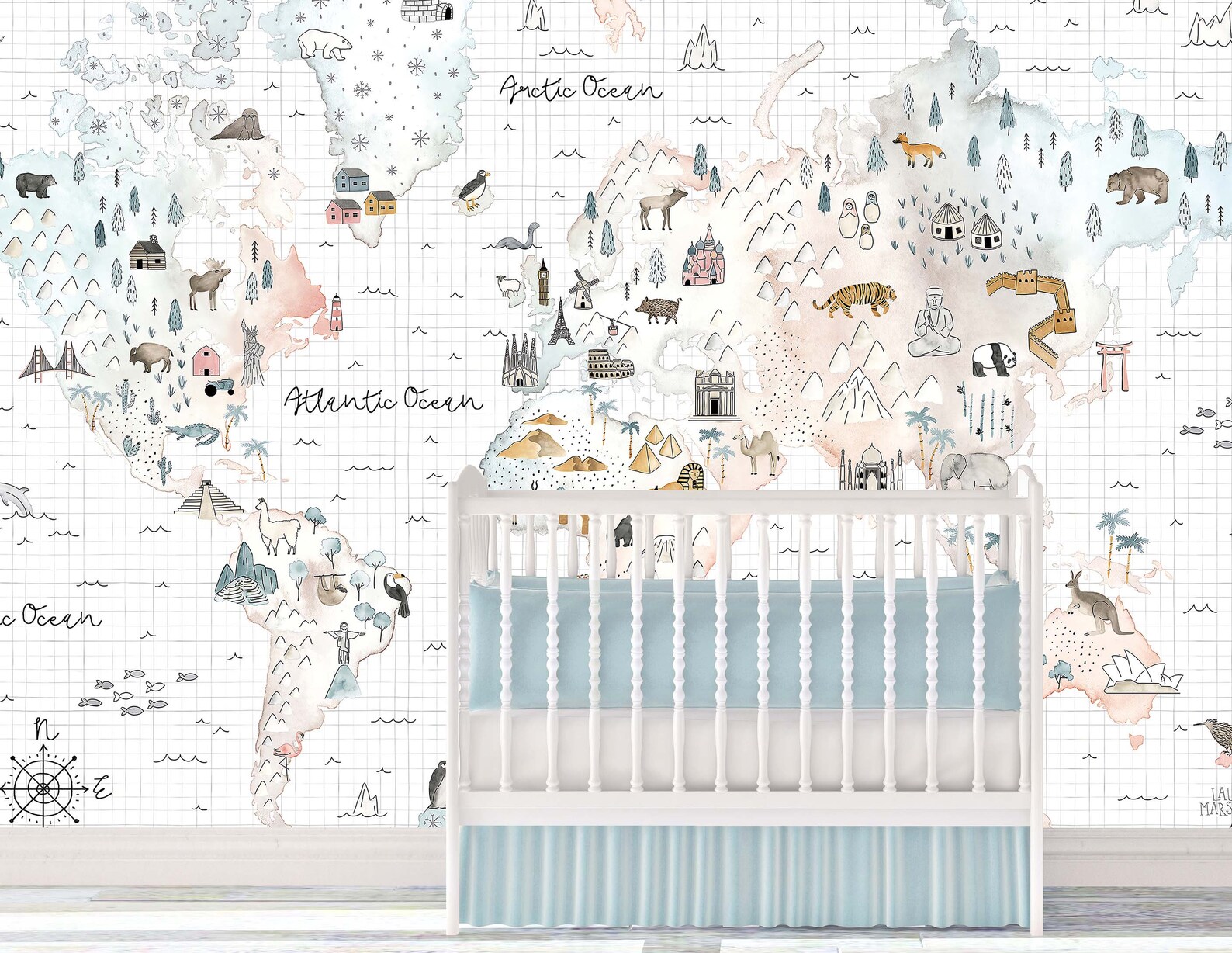 Hand Painted World Map With Jungle Animals Removable Wallpaper Colorful ...