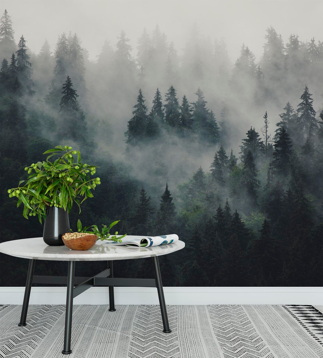 Misty Fir Forest Landscape Wallpaper,mountain in Fog Wall Mural,peel 'n ...