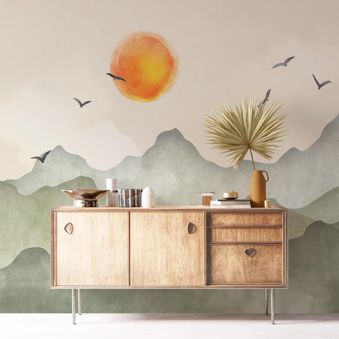 Watercolor Sunset Wallpaper Mint and Light Green Mountains Sun Wall ...