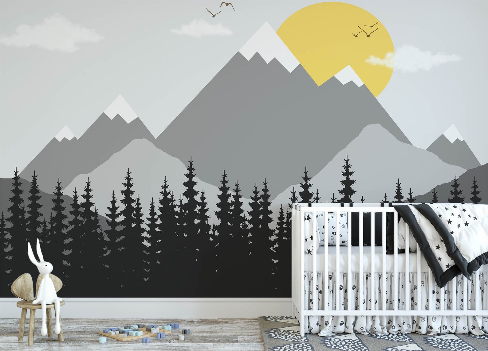 Greyish Mountains and Pine Trees Wallpaper,mountain Scenery Nursery ...