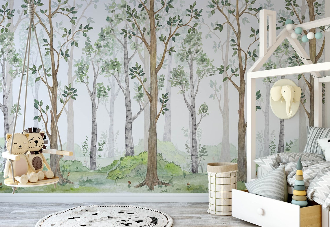Hand Painted Forest Nursery Decor Mural,aquarelle Birch Tree Wallpaper ...