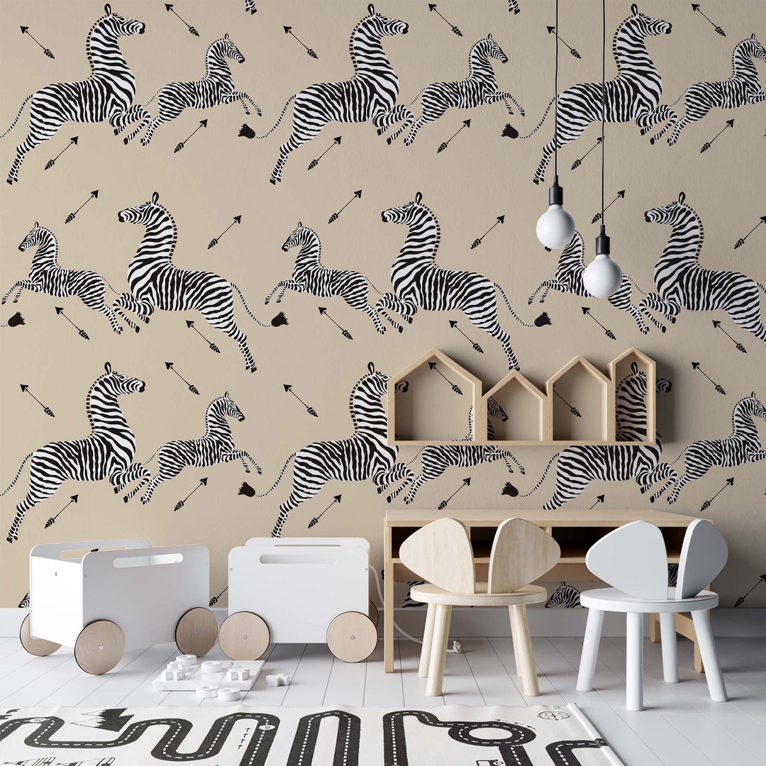 Leaping Zebra Wallpaper Peel and Stick Nursery Wallpaper Monochrome ...