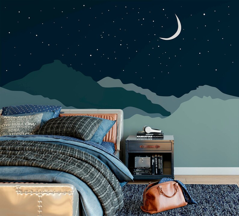 Navy Night Sky With Mountains Removable Wallpapergeometric - Etsy