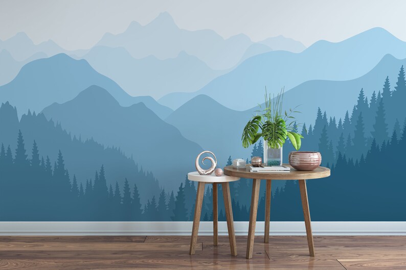 Ombre Blue Mountain and Pine Tree Wallpaper,geometric Hill Nursery Wall ...
