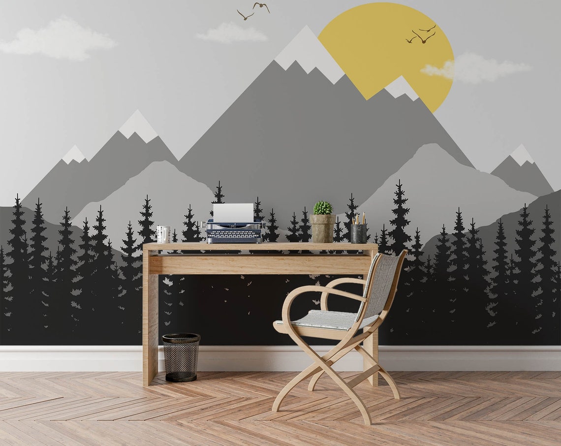 Greyish Mountains and Pine Trees Wallpaper,mountain Scenery Nursery ...