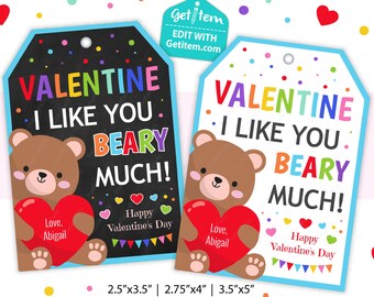 EDITABLE Classroom Valentine's Day Cards I Like You Beary - Etsy