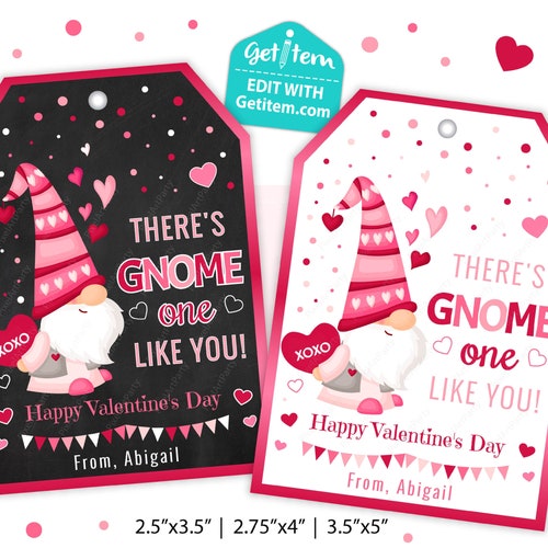Editable Gnome Valentine's Gift Tags Personalized - Etsy
