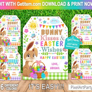 Editable Bunny Kisses and Easter Wishes Tags, Easter Gift Tags, Teacher ...
