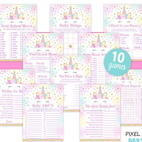 Unicorn Baby Shower Games Bundle Instant Download | Etsy
