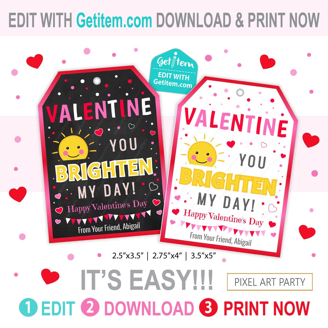 Editable You Brighten My Day Valentine Gift Tags, Valentine Brighten ...