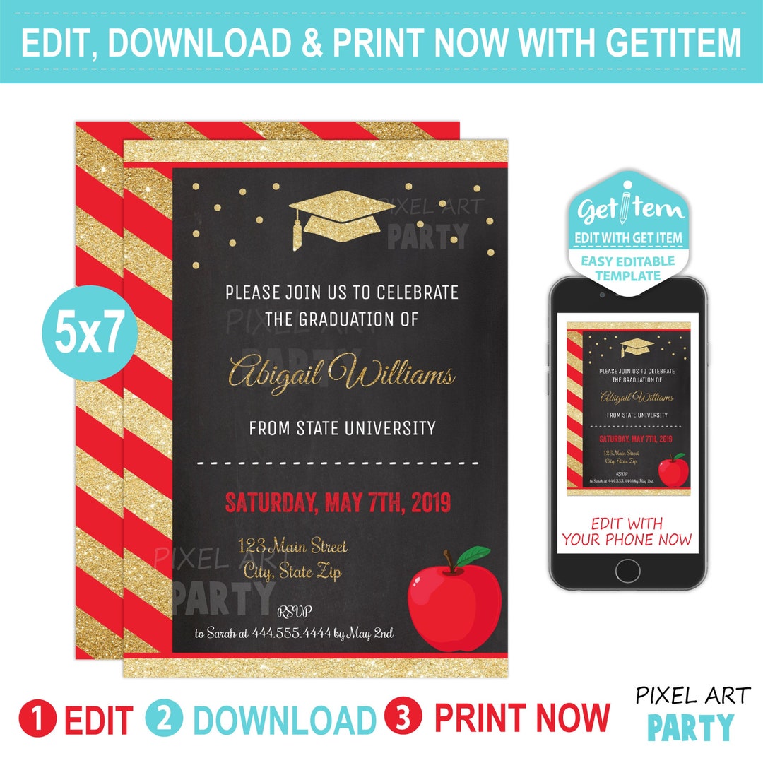Teacher Graduation Invitation, Graduation Party Invitation, 5x7, EDIT ...