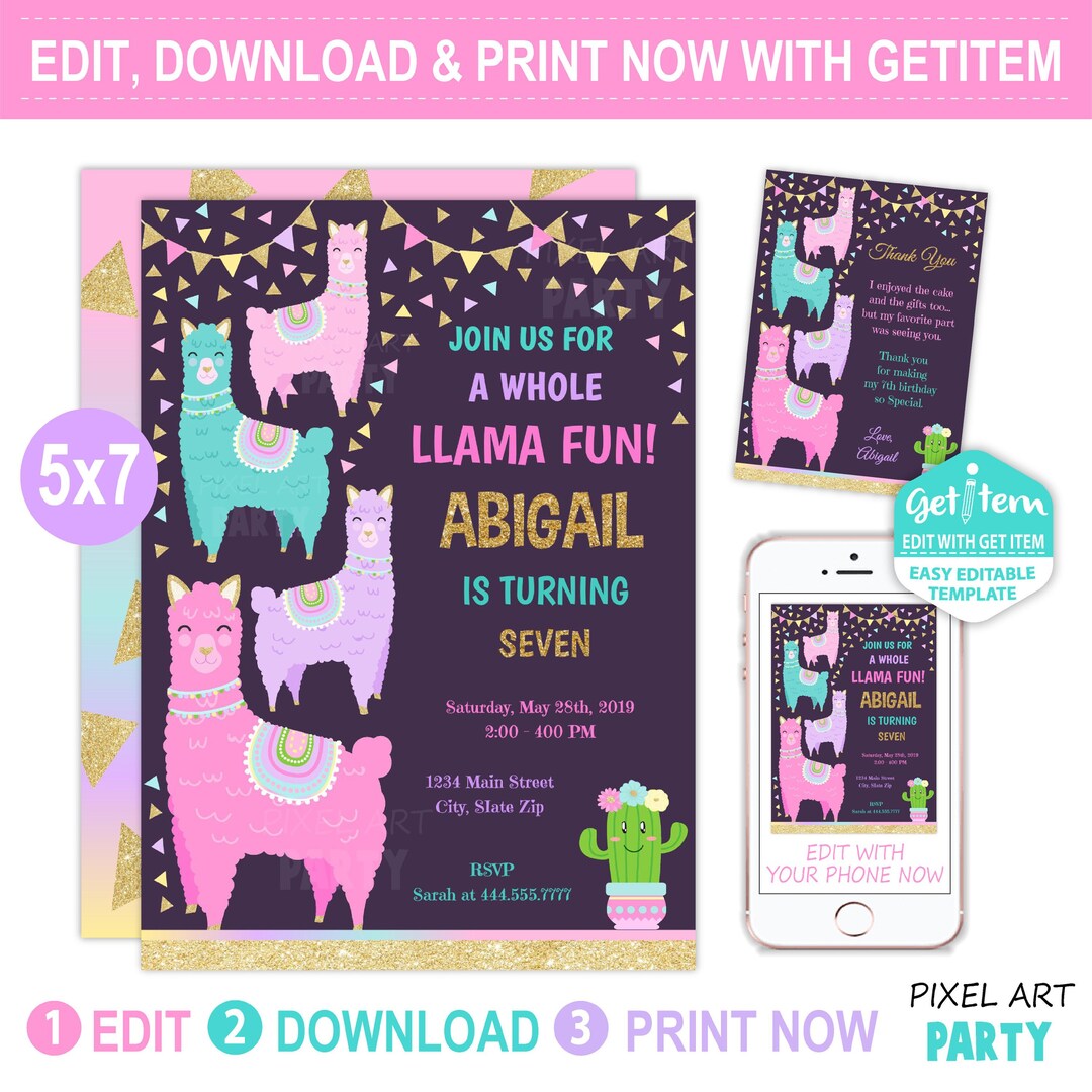 EDITABLE Llama Birthday Invitation Llama Invitation Llama Party Alpaca ...