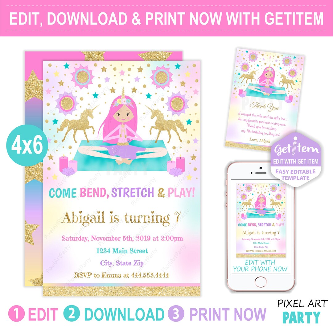 Editable Yoga Birthday Invitation Yoga Party Unicorn Yoga Invitation ...