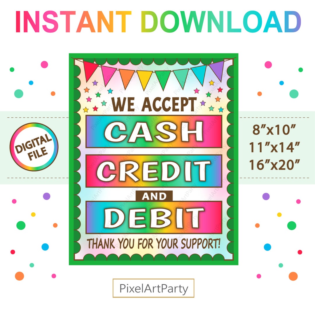 We Accept Cash Credit and Debit Sign Cookie Booth Sign - Etsy