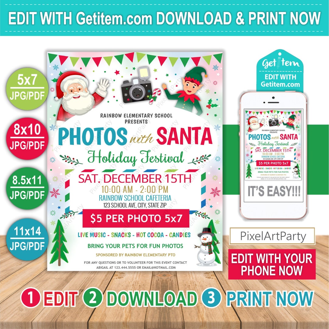 EDITABLE Photos With Santa Flyer School Church Flyer Poster Chirstmas ...