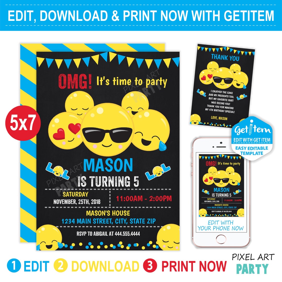 Emoji Birthday Invitation, Emoji Invitation, 5x7, EDIT NOW, Id: 10303 ...