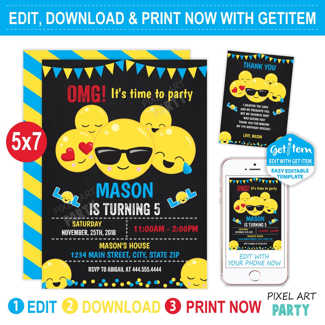 Emoji Birthday Invitation Emoji Invitation 5x7 EDIT NOW - Etsy