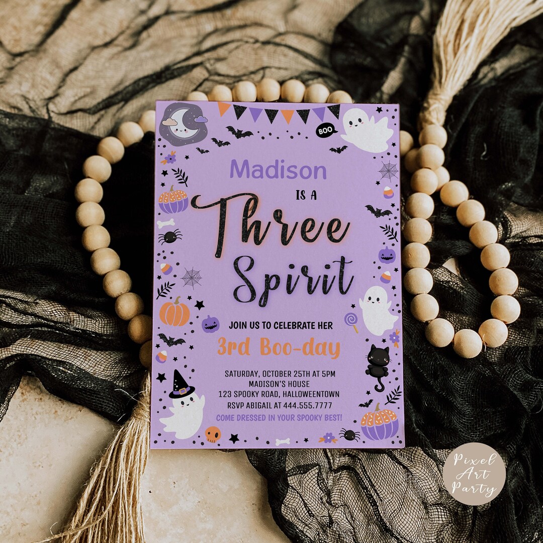 Editable Three Spirit Halloween Girl Cute Ghost 3rd Birthday Invitation ...